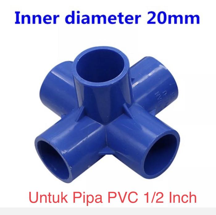 Jual Blue Fitting 5 Way Arah T Tee Elbow ID 20mm for Pipa PVC 1/2 Inch ...
