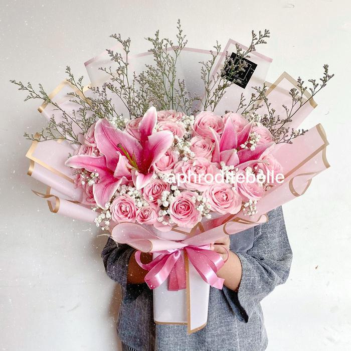Jual Buket Rose & Lily Pink Premium Hadiah Bunga Ultah / Buket ...