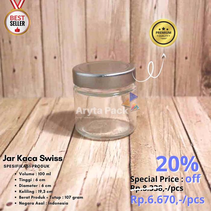 Jual Jar kaca 100ml swiss round bulat glass jar toples cap kaleng alu ...