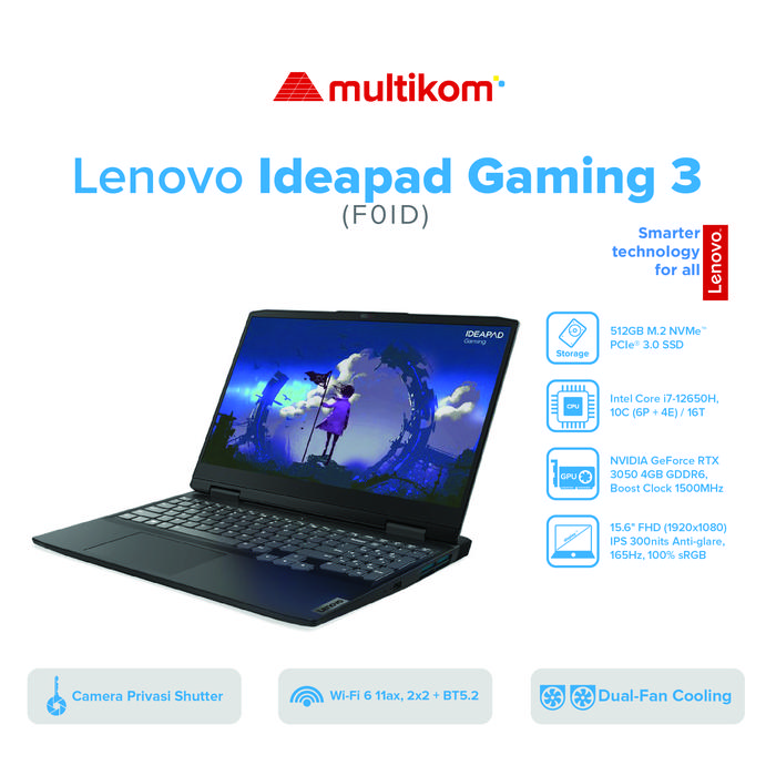 Promo LENOVO IP GAMING 3 F0ID i7-12650H 8GB 512SSD 15.6" RTX3050 W11 ...