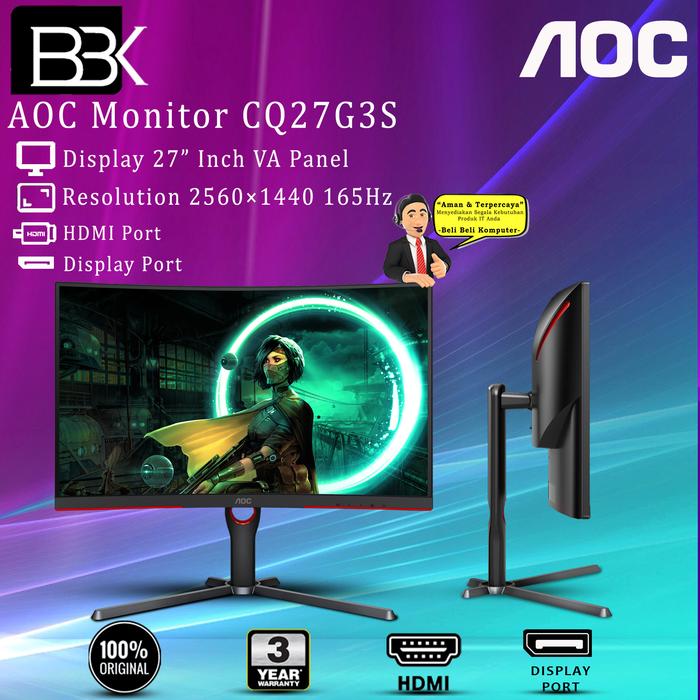 Jual Monitor AOC CQ27G3S 27" Curved QHD 165Hz 1ms sRGB 118% HDMI DP 3Yr ...