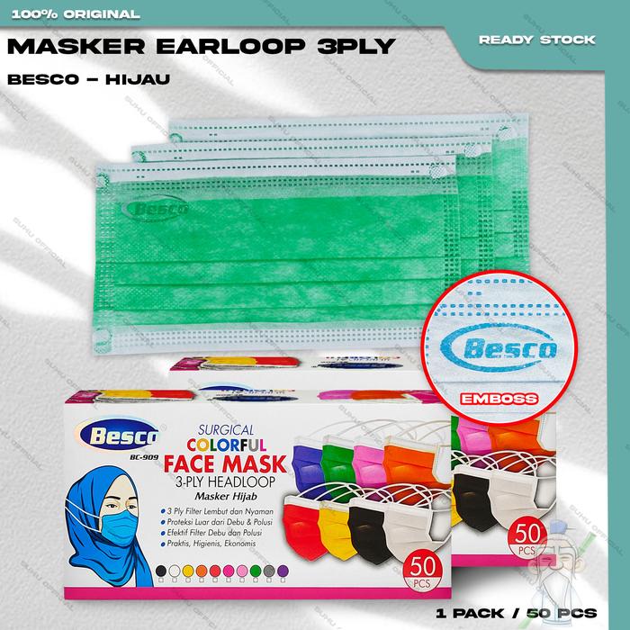 Promo MASKER MEDIS 3PLY HIJAB BESCO ISI 50PCS WARNA IJO HEADLOOP MASK 3 ...