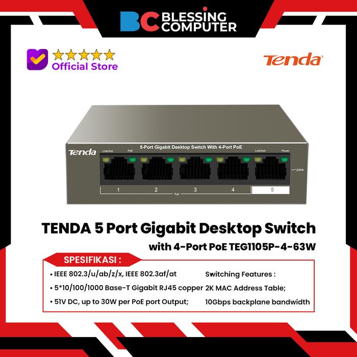 Jual TENDA 5 Port Gigabit Desktop Switch with 4-Port PoE TEG1105P-4-63W ...