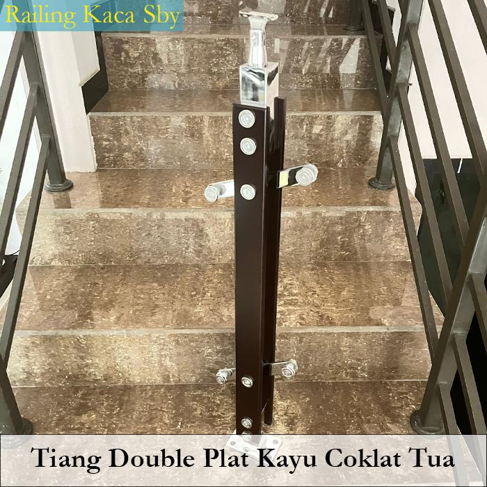 Jual TIANG RAILING TANGGA KACA STAINLESS MODEL DOUBLE PLAT KAYU COKELAT ...