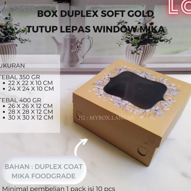 Jual (10 lembar) kotak kue 24x24x10 cm soft gold tutup mika, dus box ...