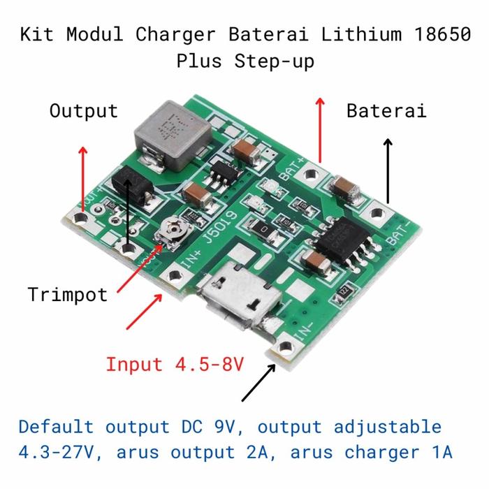 Jual Kit Modul Charger Baterai Lithium 18650 Plus Step Up Dc 9v 5v 2A ...
