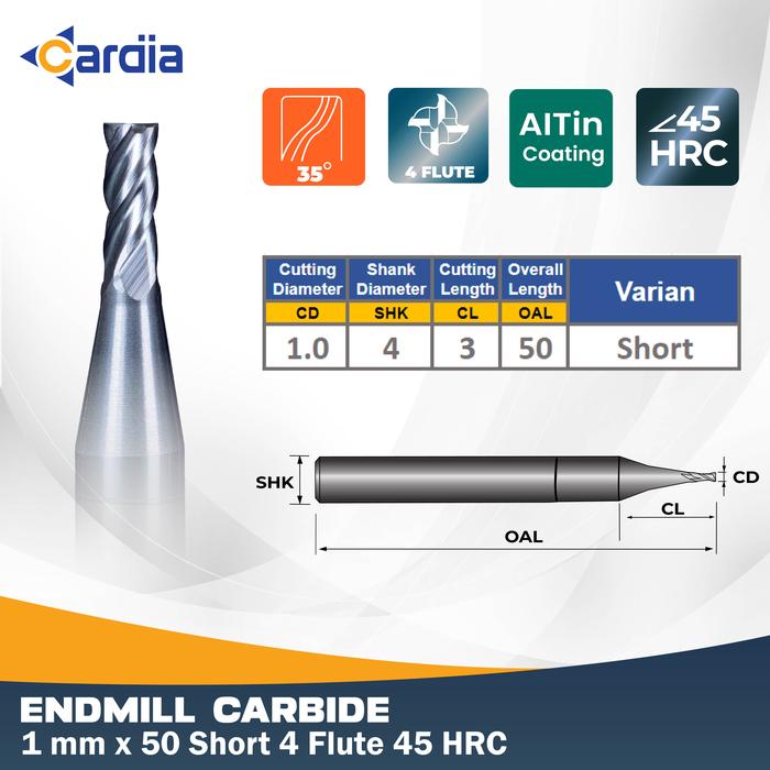 Jual Endmill 1 mm x 50 4F Short 4 Flute 45 HRC Flat End Mill Carbide ...