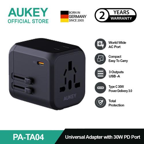 Promo AUKEY Universal Travel Adaptor PA-TA04-BK Type C 30W 4 In 1 EU US ...