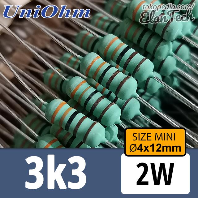 Jual Resistor 3k3 2W UniOhm Metal Film 3.3k Ohm Miniature Size 1W ...