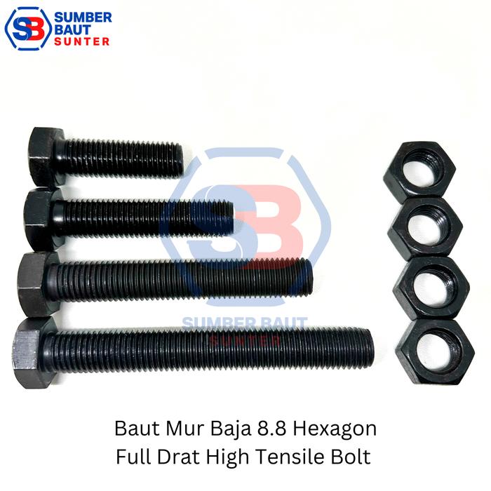 Jual M18x60 Baut Mur Baja 8.8 FULL DRAT Hitam Hex HTB High Tensile ...