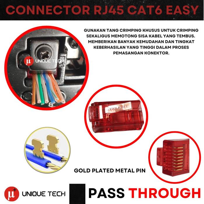 Jual KONEKTOR RJ45 UTP CAT6 EZ ANTI GAGAL PASS CONNECTOR TELEBIT ...