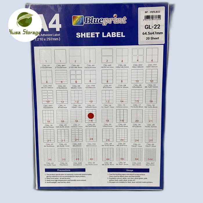 Jual Kertas Sticker Label HVS Doff A4 BLUEPRINT Uk 64.5 x 47 mm 20 ...