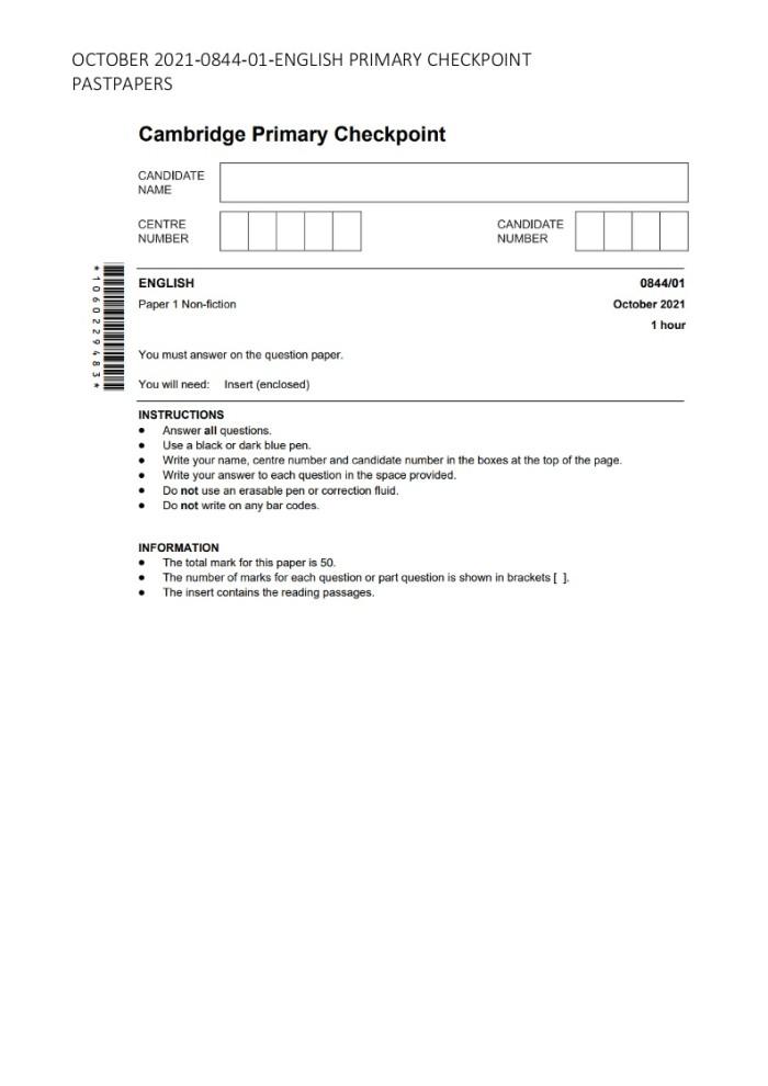 Jual Primary Checkpoint English 0844 2021-2022 past papers and mark ...