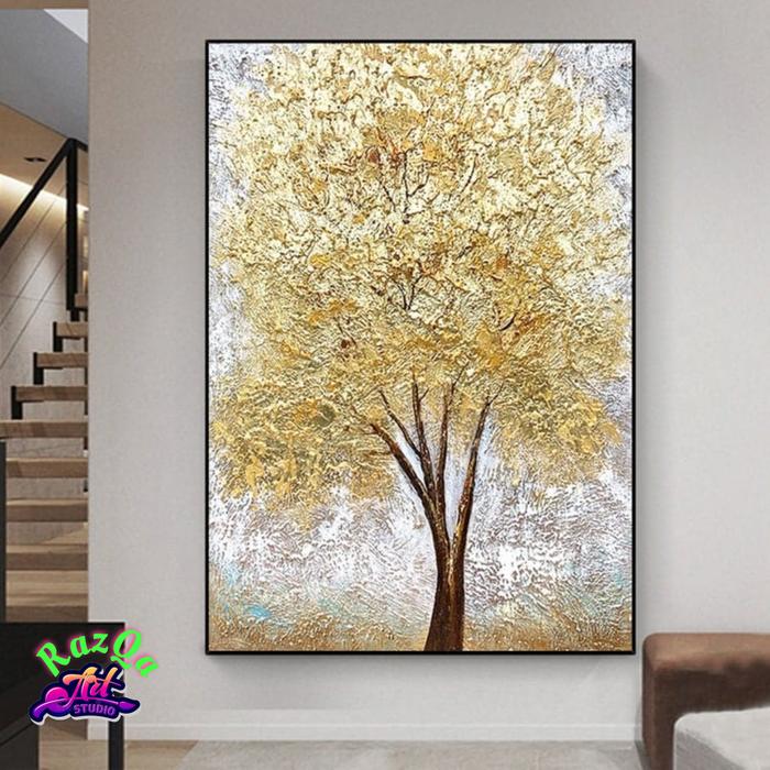 Jual Lukisan Tangan Modern Abstract Gold Tree Acrylic Painting 80x120 ...