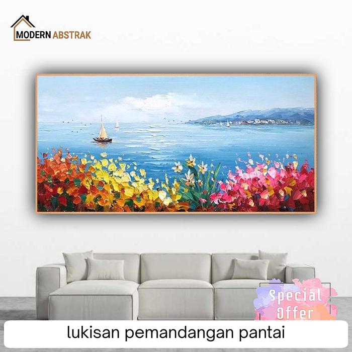 Jual Lukisan Abstrak Modern Minimalis Pemandangan Pantai Plus Frame ...