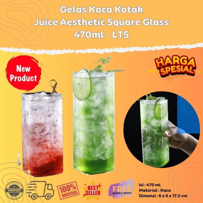 Jual Gelas Kafe Kaca Jus Mojito Mocktail Model Kotak 470ml Estetik Unik ...