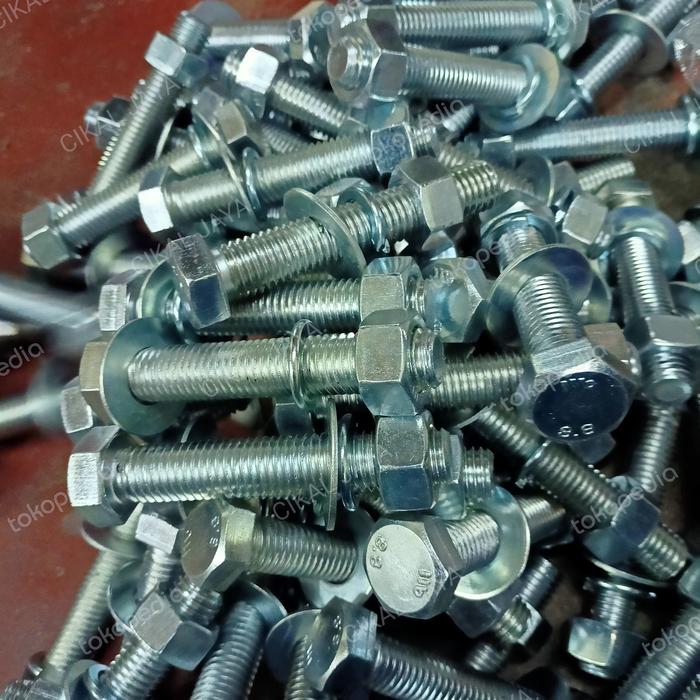 Jual baut mur baja 8.8 M8 x 35 + 2ring plat + 1 ring per / Galvanis putih - Jakarta Pusat ...
