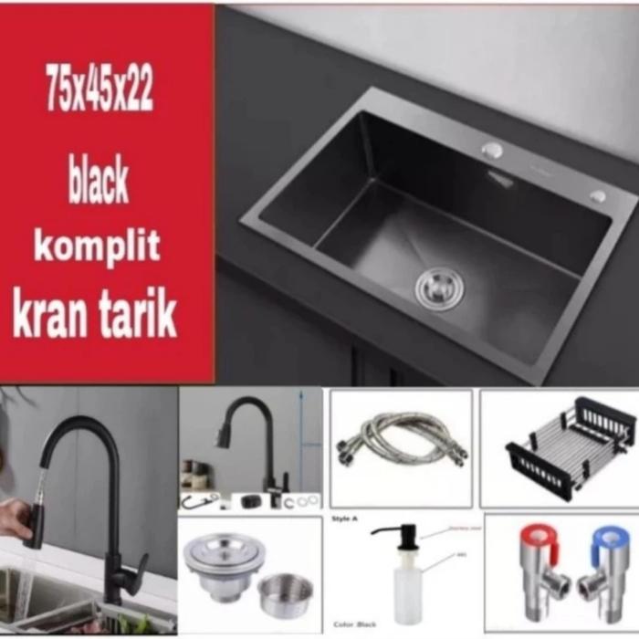 Jual Paket lengkap kitchen sink Valpra 7545 black kran tarik hitam ...