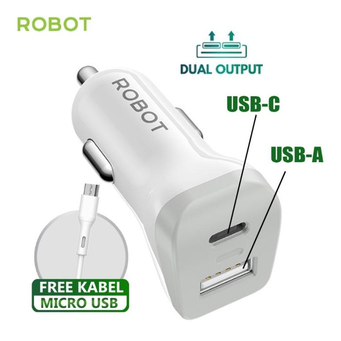 Promo ROBOT RT C09 Car Charger Mobil Saver Dual Port USB-C & USB-A ...