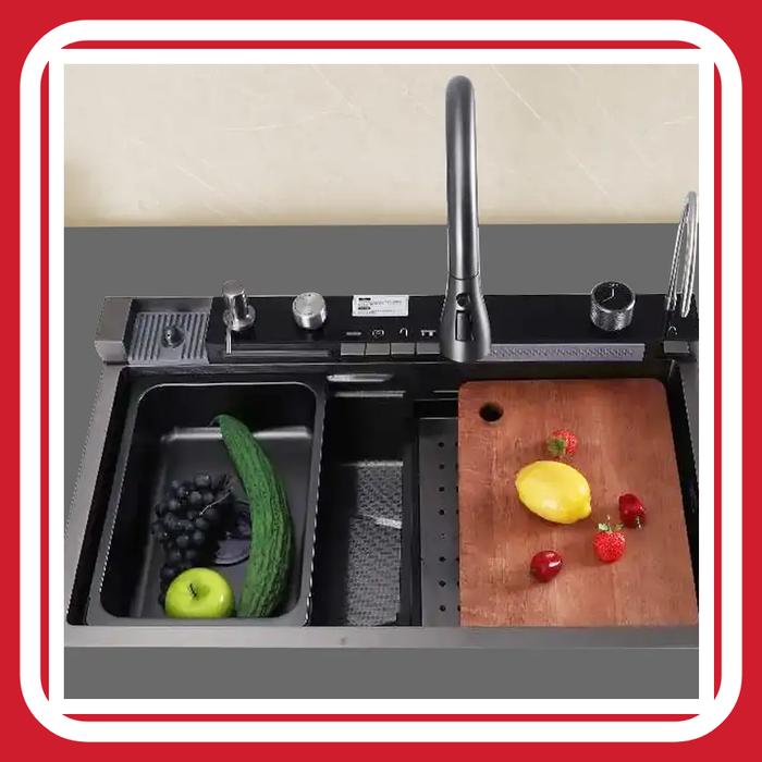 Promo Modern Kitchen Sink 7545 Luxury PIANO BLACK 1 Bowl With Waterfall ...