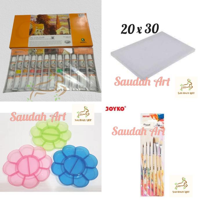 Promo Paket Kanvas Lukis 20x30 (kanvas,kuas,palet,cat minyak @12ml ...