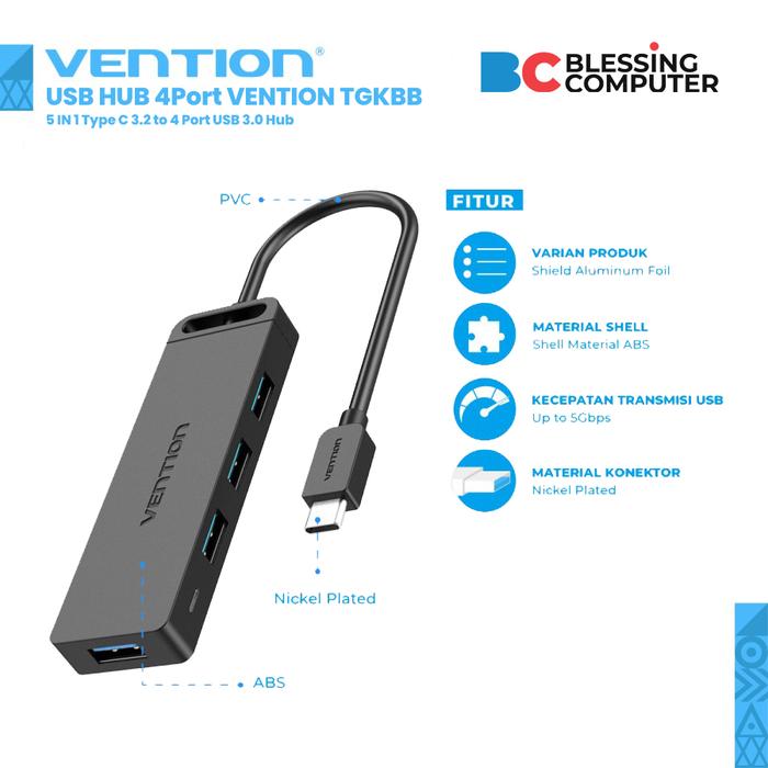 Jual usb Hub 4 Port VENTION TGKBB 5 IN 1 Type C 3.2 to 4 Port USB 3.0 Hub - Kota Denpasar ...