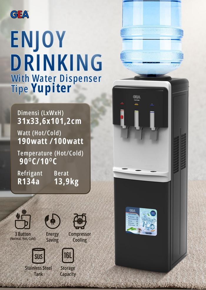 Promo GEA YUPITER water dispenser galon atas 3 kran hot, normal cold ...