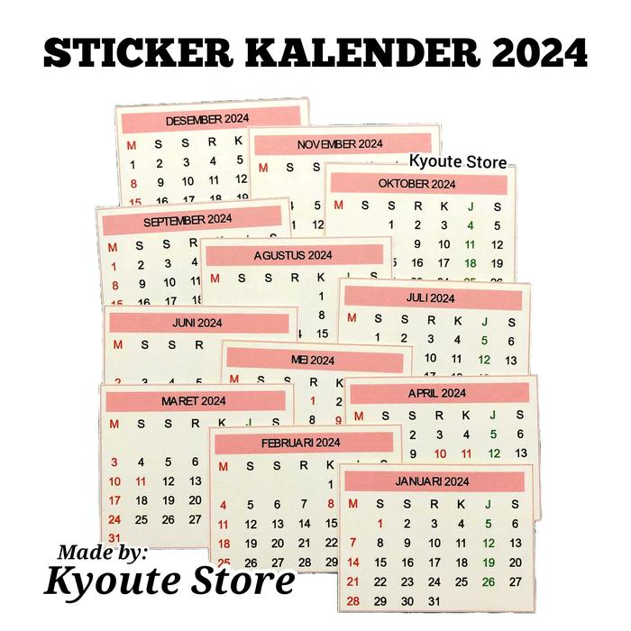 Jual 12 pcs Sticker Mini Kalender Tahun 2024 Calendar Kyoute Stiker ...