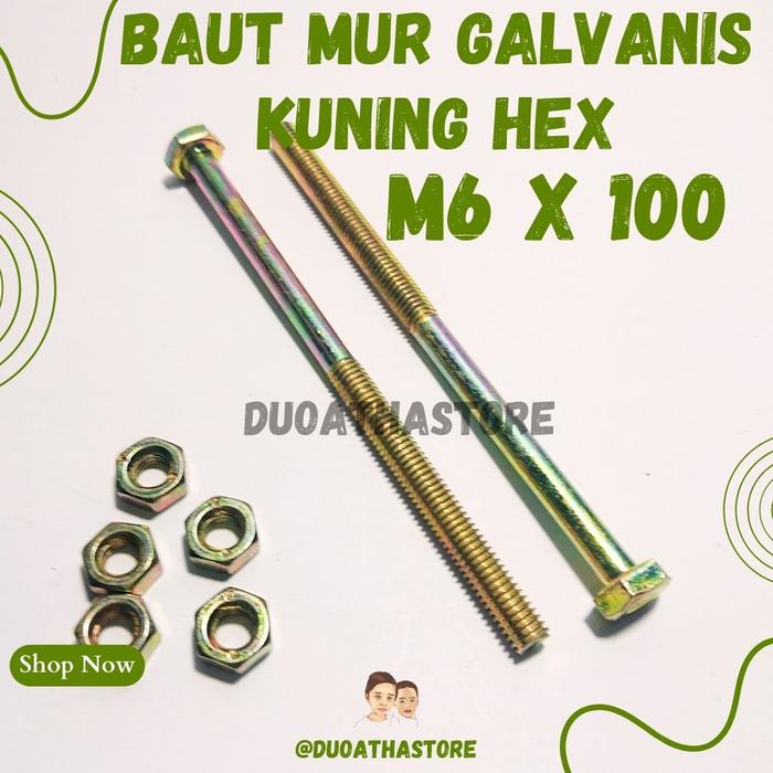 Jual M6x100 Baut Mur Kuning Galvanis BMK Hex M6 x 100 HT Galvanis - Kab ...