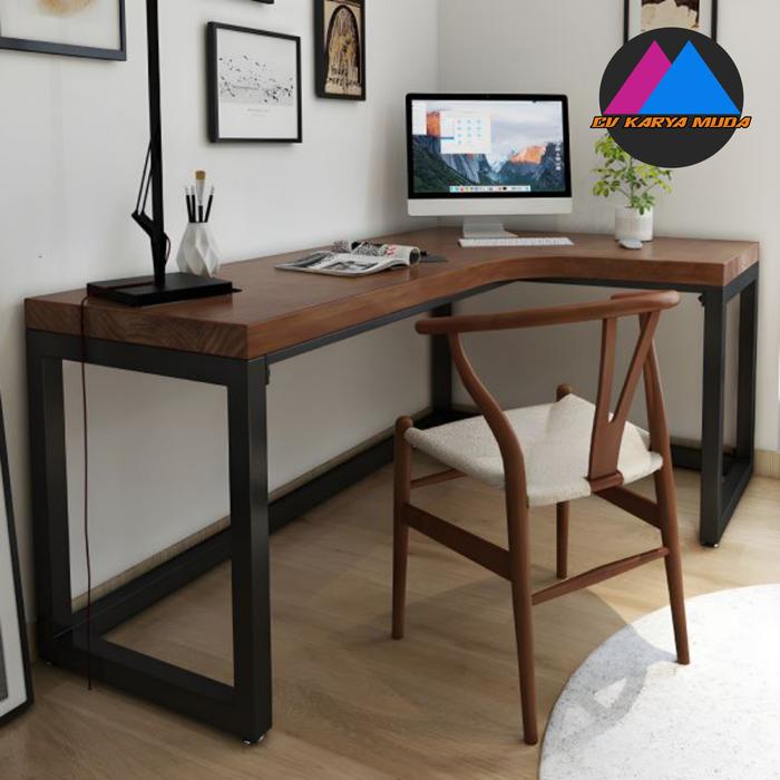 Jual Meja komputer L meja kerja kantor model L kayu solid kaki besi ...