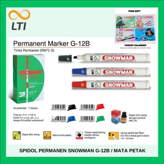 Promo Snowman marker Chisel Tip Permanen G-12B Ujung Spidol Pipih / PCS ...