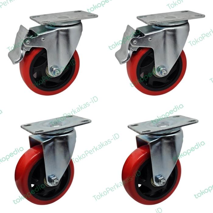 Jual Roda Troli / Troly / Trolley PU Merah 4 inch Medium Duty 2 Rem 2 ...