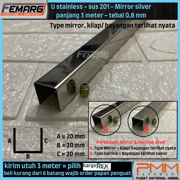 Jual U MIRROR 20x20x20mmx305cm T:0.8mm OMEGA LIST LIS U STAINLESS STEEL ...