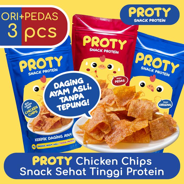 Jual Snack Sehat Tinggi Protein PROTY Ori(2)+Pedas(1) Cemilan Chicken ...