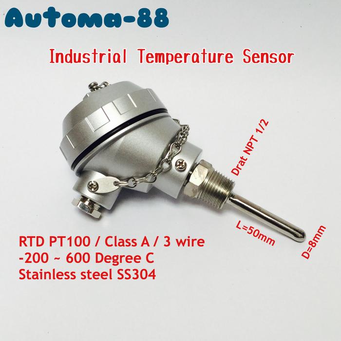 Jual Industrial Temperature Sensor RTD PT100 5cm 3 wire NPT 1/2 50mm ...