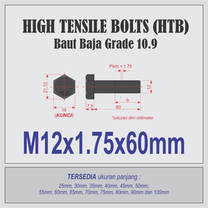 Jual Baut Mur hex Baja 10.9 - M12 x60mm HALF DRAT High Tensile Bolt ...