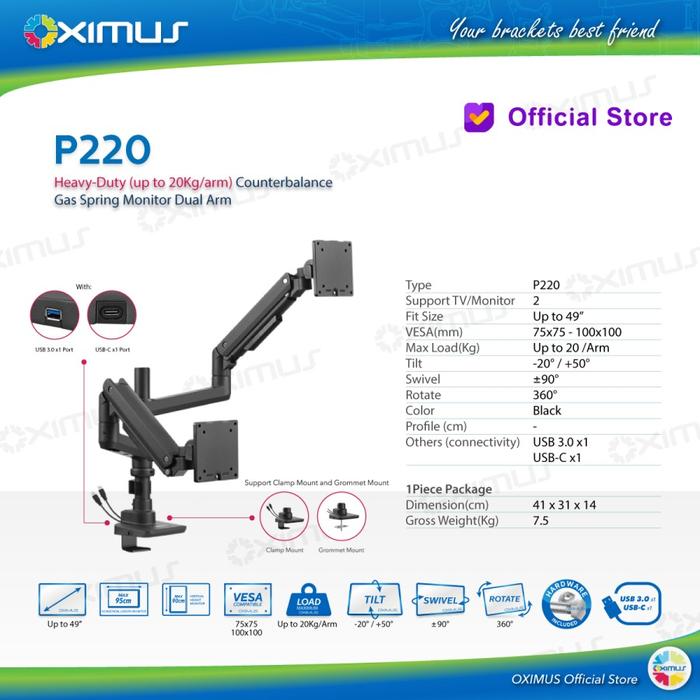 Promo Heavy-Duty Counterbalance Gas spring Monitor Dual Arm OXIMUS P220 ...