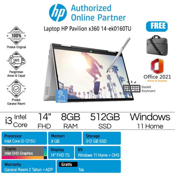 Jual HP PAVILION X360 14 I3-1235U 8GB 512GB UHD 14" FHD TOUCH W11 OHS21 ...