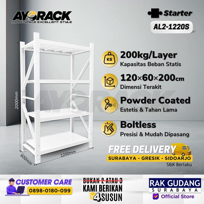 Promo RAK GUDANG BESI AYORACK AL2-1220S 200KG - 2 METER 4 SUSUN PANJANG ...