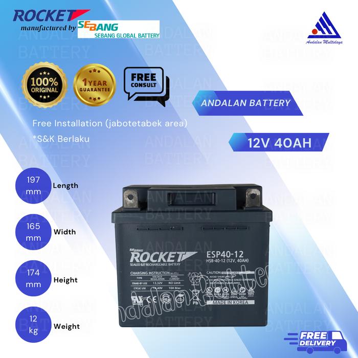 Jual BATERAI KERING ROCKET 12V 40Ah / VRLA ESP 40-12/AKI KERING 12V 40A ...