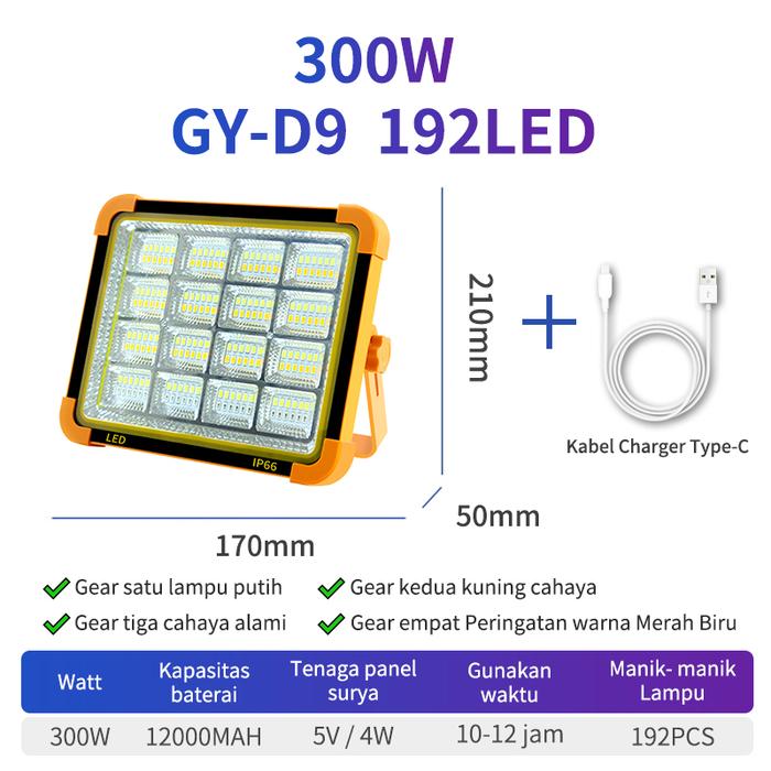 Promo Lampu emergency surya super bright 300W LED 4 mode nyala USB ...