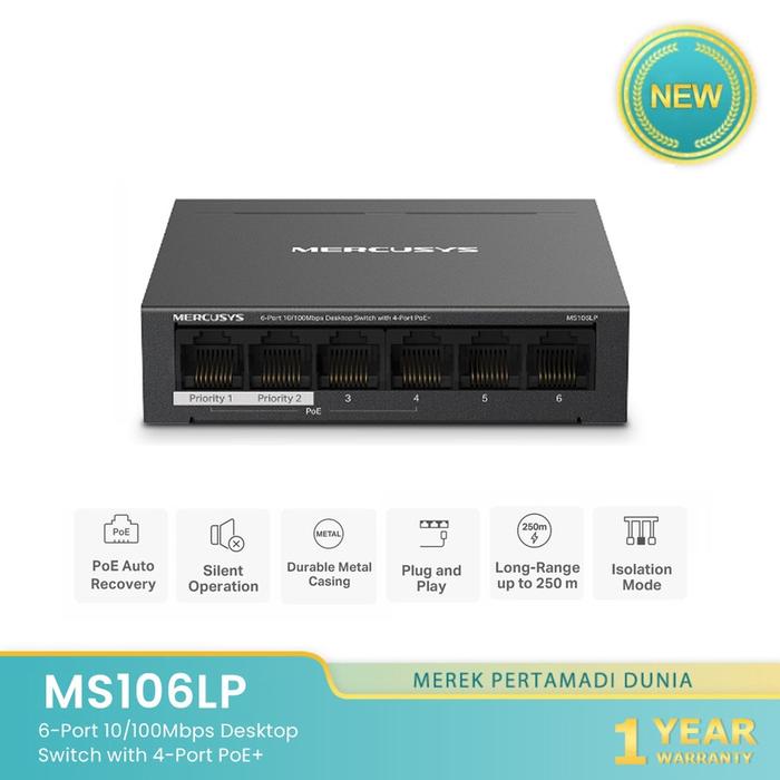 Jual MERCUSYS MS106LP 6-PORT 10/100Mbps DESKTOP SWITCH WITH 4-Port PoE+ ...
