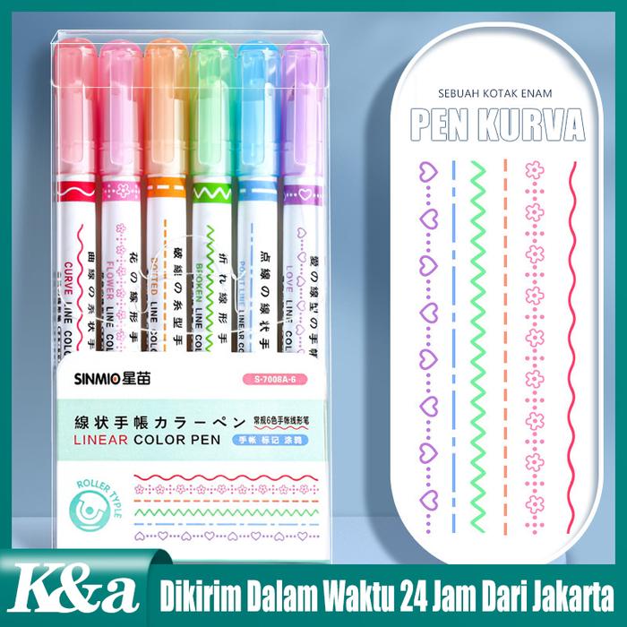 Jual 6Pcs Pena Garis Warna Bermotif/ Roll Line Marker Estetik/ Spidol ...