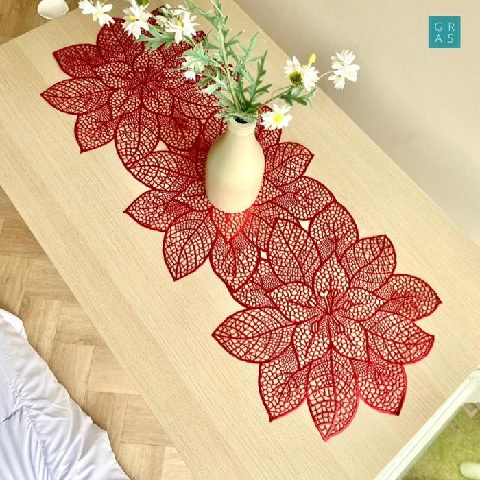 Promo Taplak Meja Panjang Motif Bunga - Table Runner PVC - Merah ...