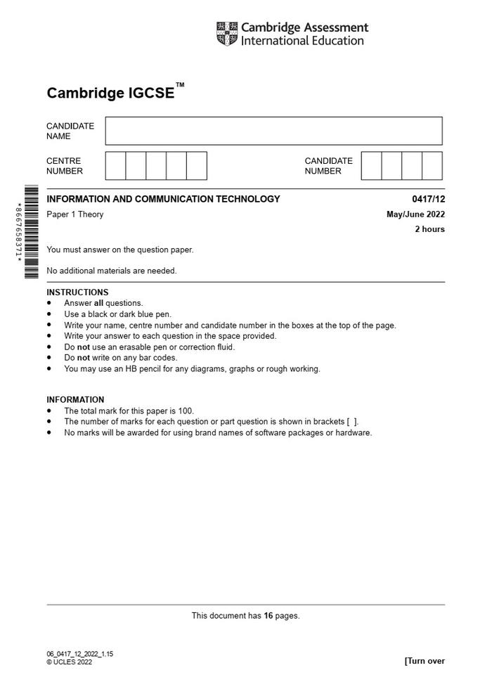 Jual IGCSE ICT 0417 2020-2022 May/June past papers and mark schemes ...