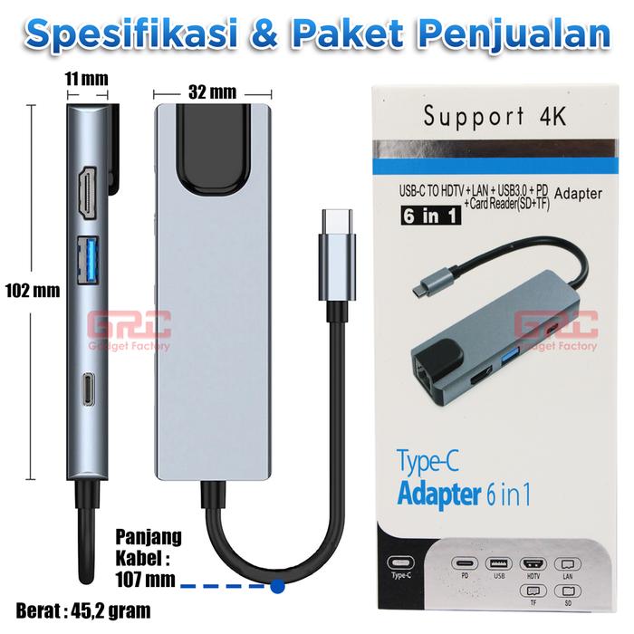 Jual Adapter HUB Type C to 6 Port USB PD HDMI LAN OTG SD TF Card Reader ...