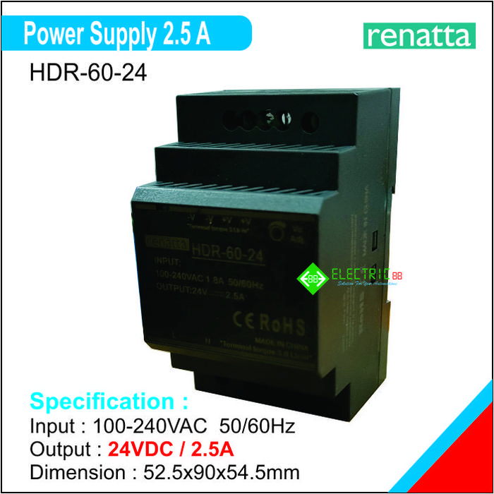 Jual HDR-60-24 Renatta, Power Supply 24VDC 60 watt 2.5A - Kota ...
