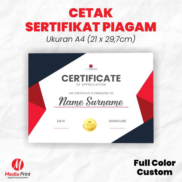 Jual Cetak Sertifikat Piagam Full Color Custom A4 Paper - KARTON BW, 1 ...