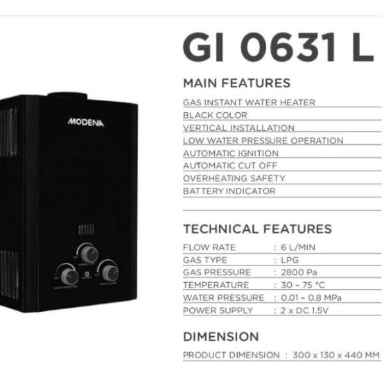 Jual Modena gas water heater GI 0631 L - Kota Semarang - ArtncoSmg ...