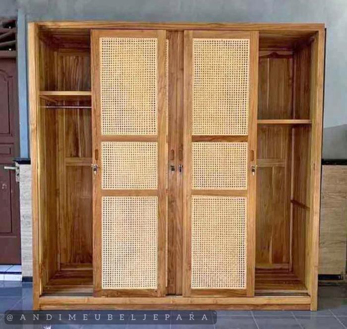 Jual Lemari Pakaian / Baju Minimalis 4 Pintu Sliding Rotan Jati Modern - Kab. Jepara - Andi ...